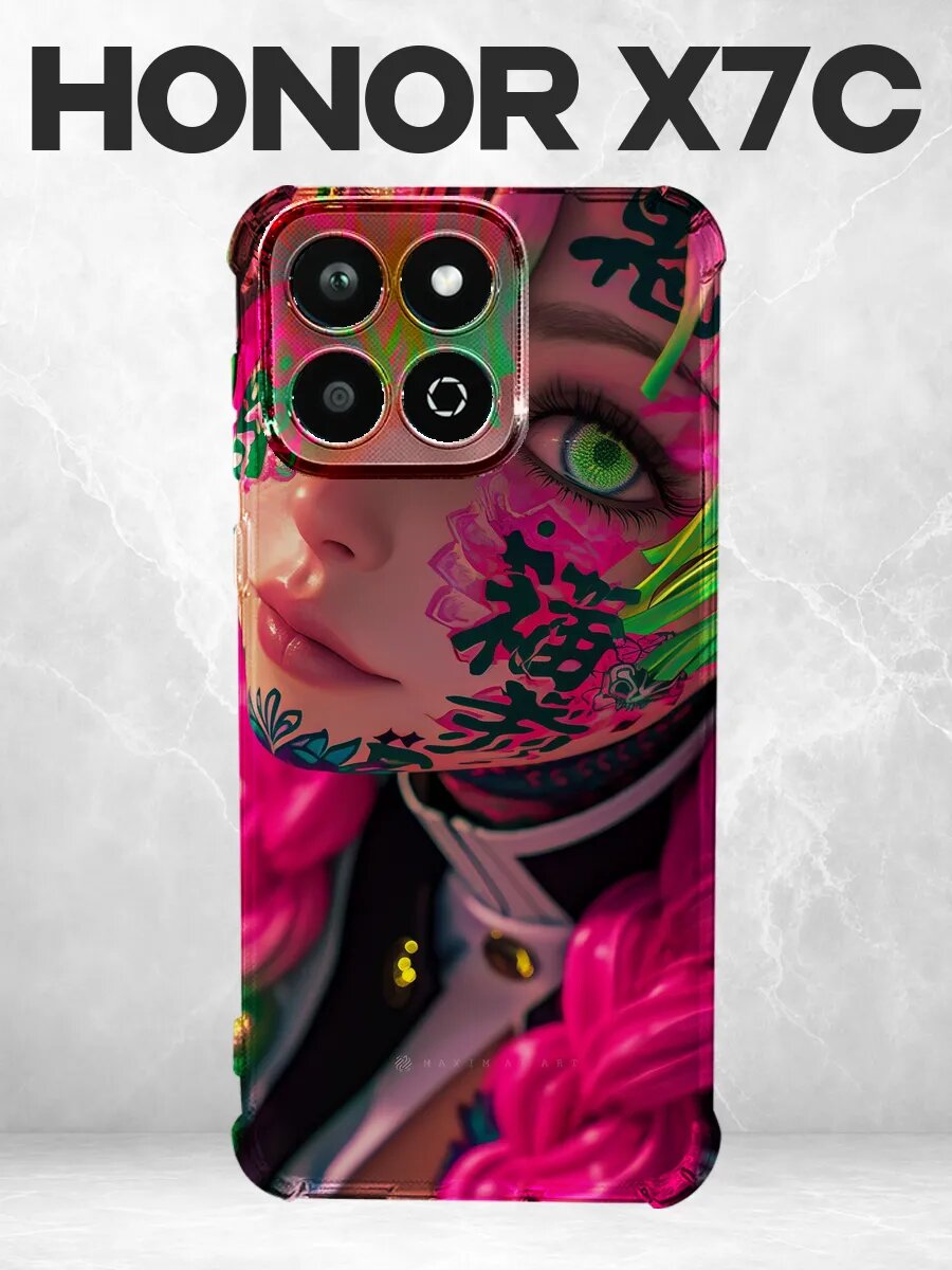 Чехол на Honor X7C с принтом Неоновый аниме портрет с иерогл