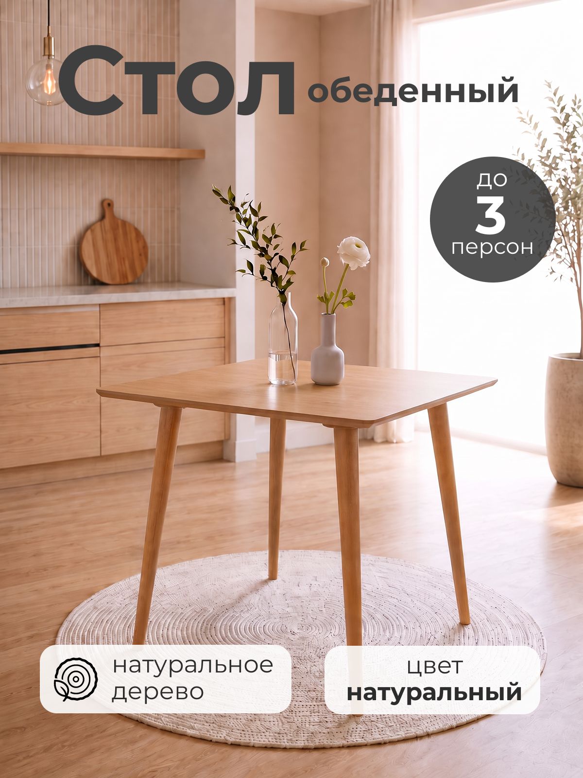 Стол обеденный Монте, 100x77x100см, МДФ+шпон дуба, Натуральный