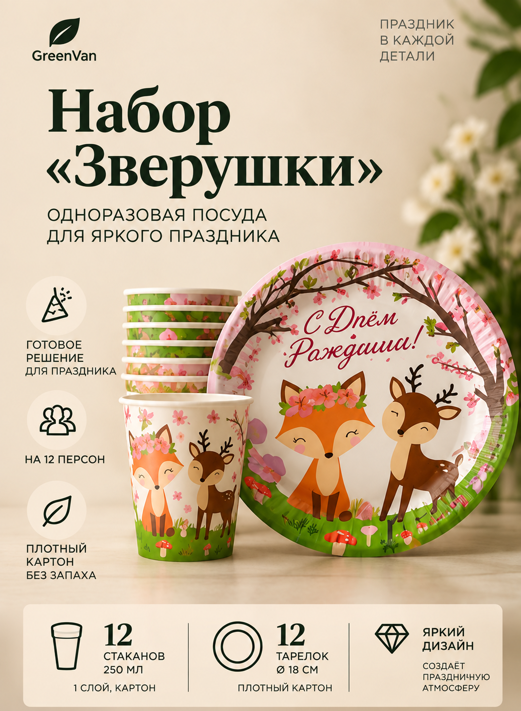 Набор одноразовой посуды «С Днем Рождения / Зверушки» на 12 персон (тарелки, стаканы)