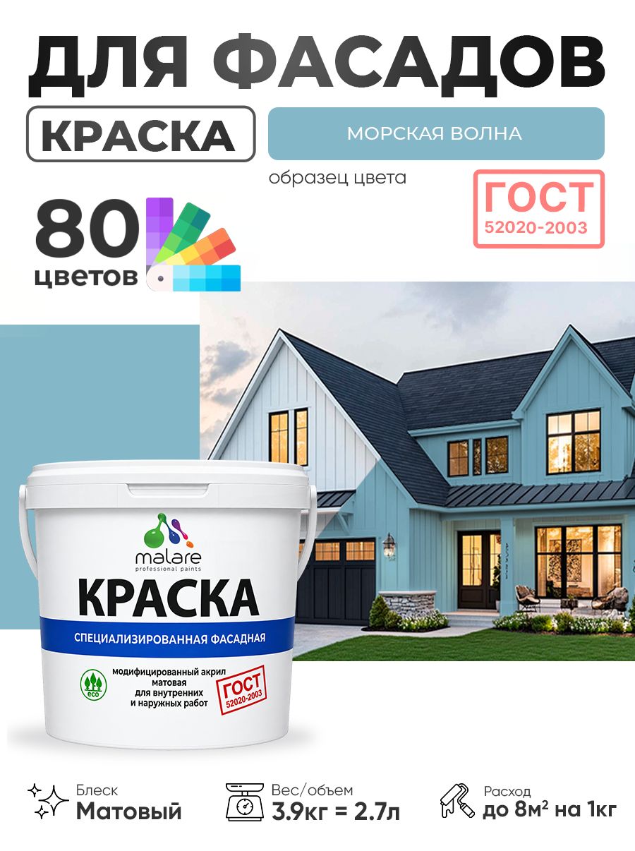 Краска Malare "ГОСТ" фасадная по дереву, бетону и штукатурке, для камня и кирпича, без запаха матовая, морская волна, (2.7л - 3.9кг)