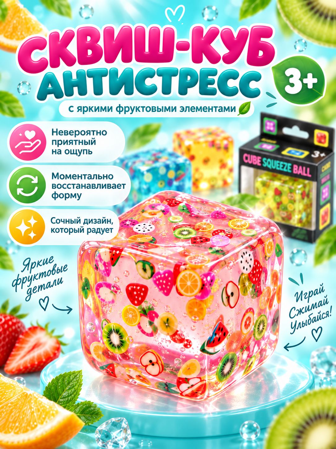 Сквиш-куб антистресс с фруктовыми элементами, мягкая жмякалка для детей и взрослых, игрушка для снятия стресса и развития моторики