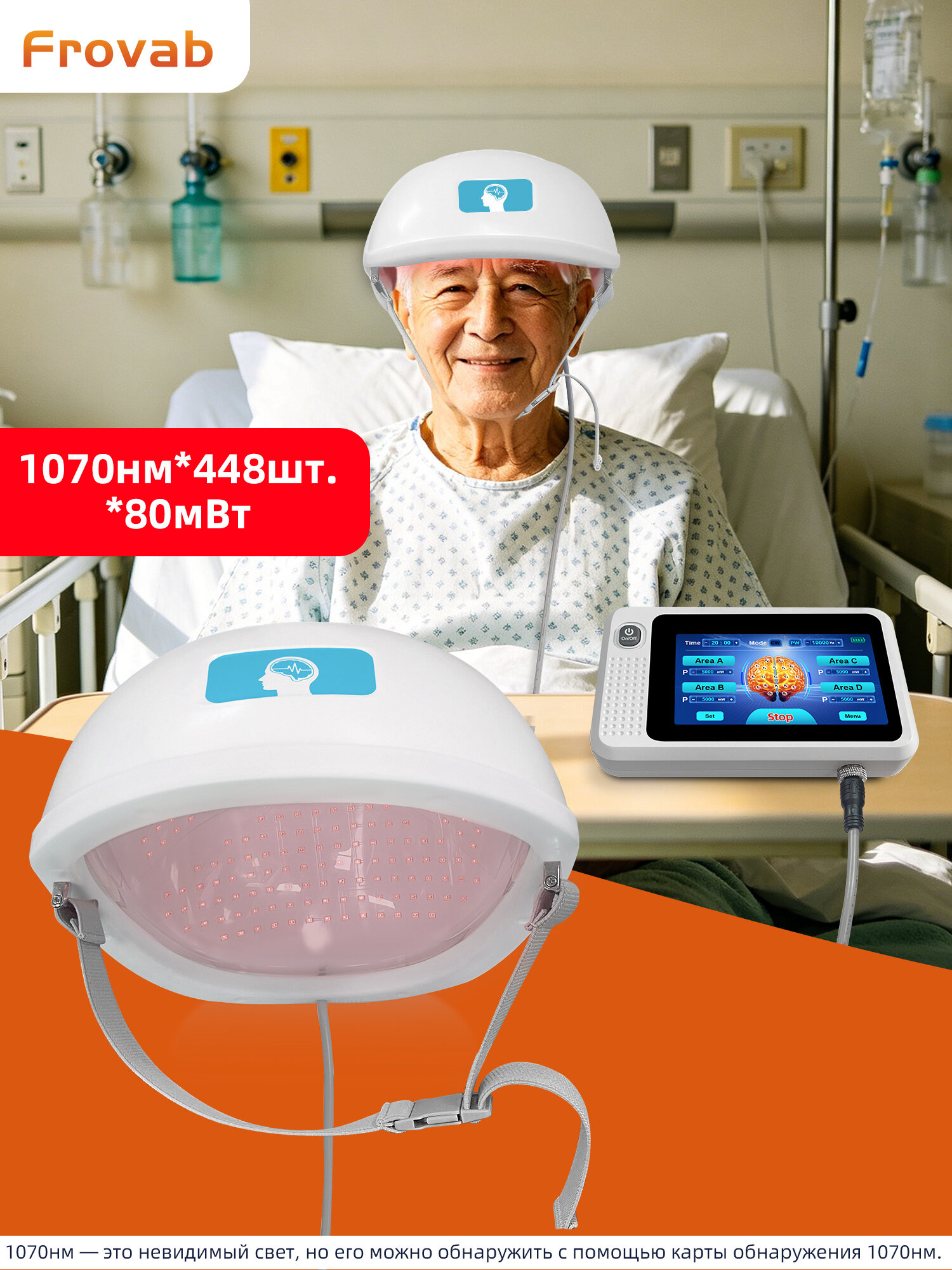 Frovab Светотерапевтический шлем 1070нм 448 диодов, транскраниальная терапия, для Паркинсона, Альцгеймера и инсульта
