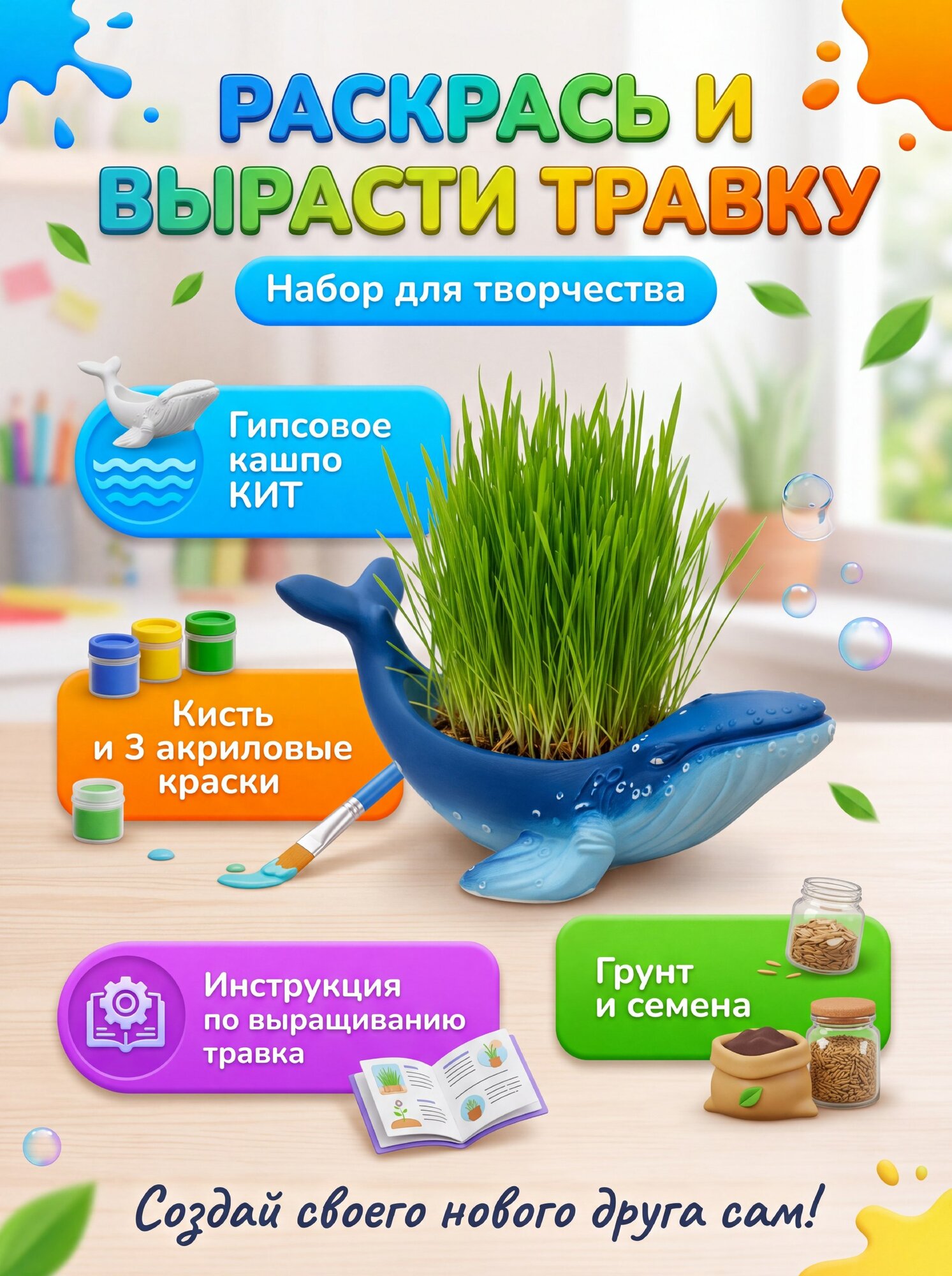Набор для творчества раскрась и вырасти травку, кашпо Кит. Набор для выращиван, набор для рисования или детский альбом,