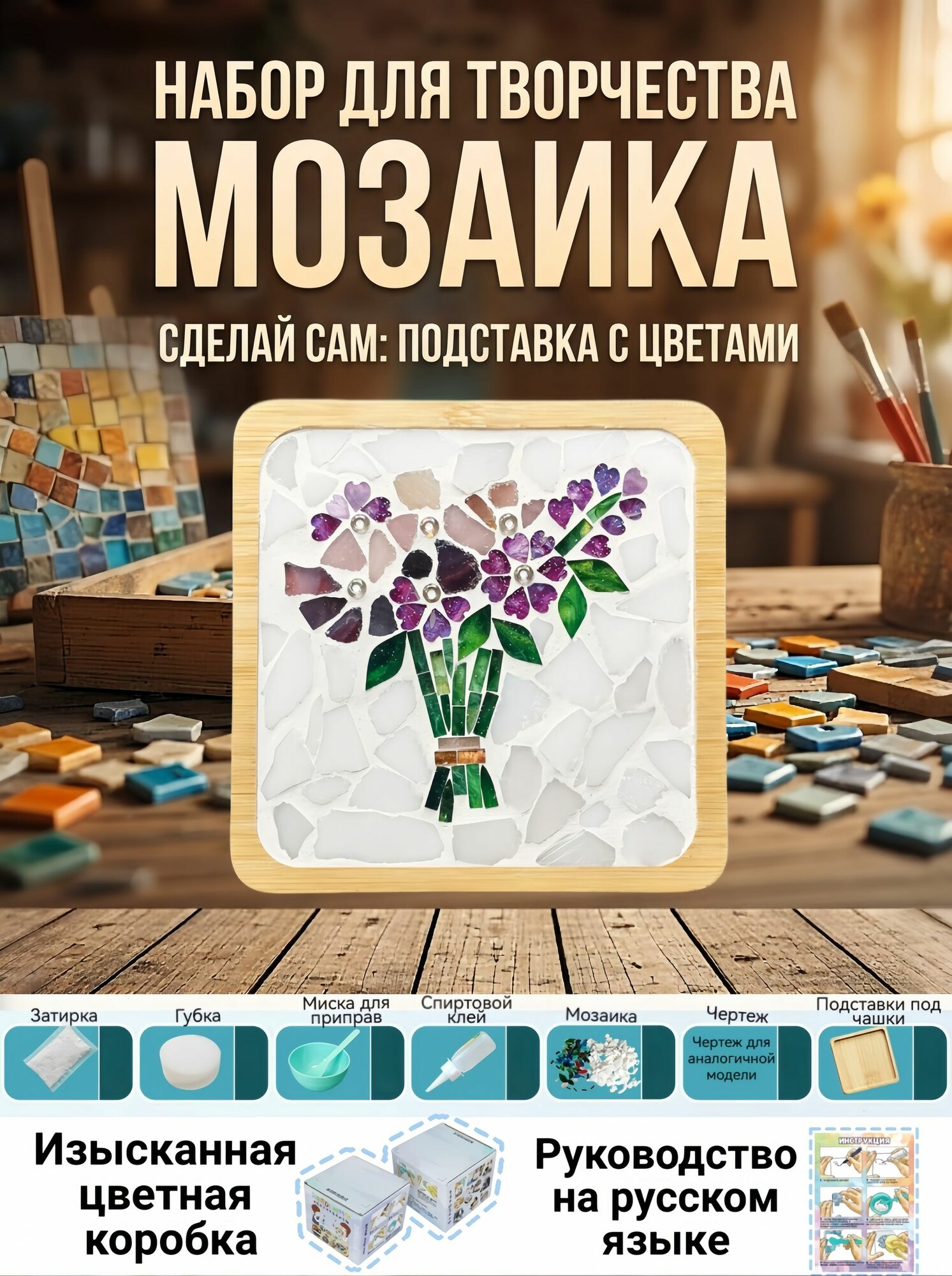 Набор для творчества DIY мозаика, деревянная подставка под кружку своими руками, рукоделие для детей и взрослых