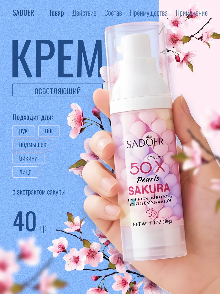 Осветляющий крем SADOER SAKURA для подмышек и интимных зон
