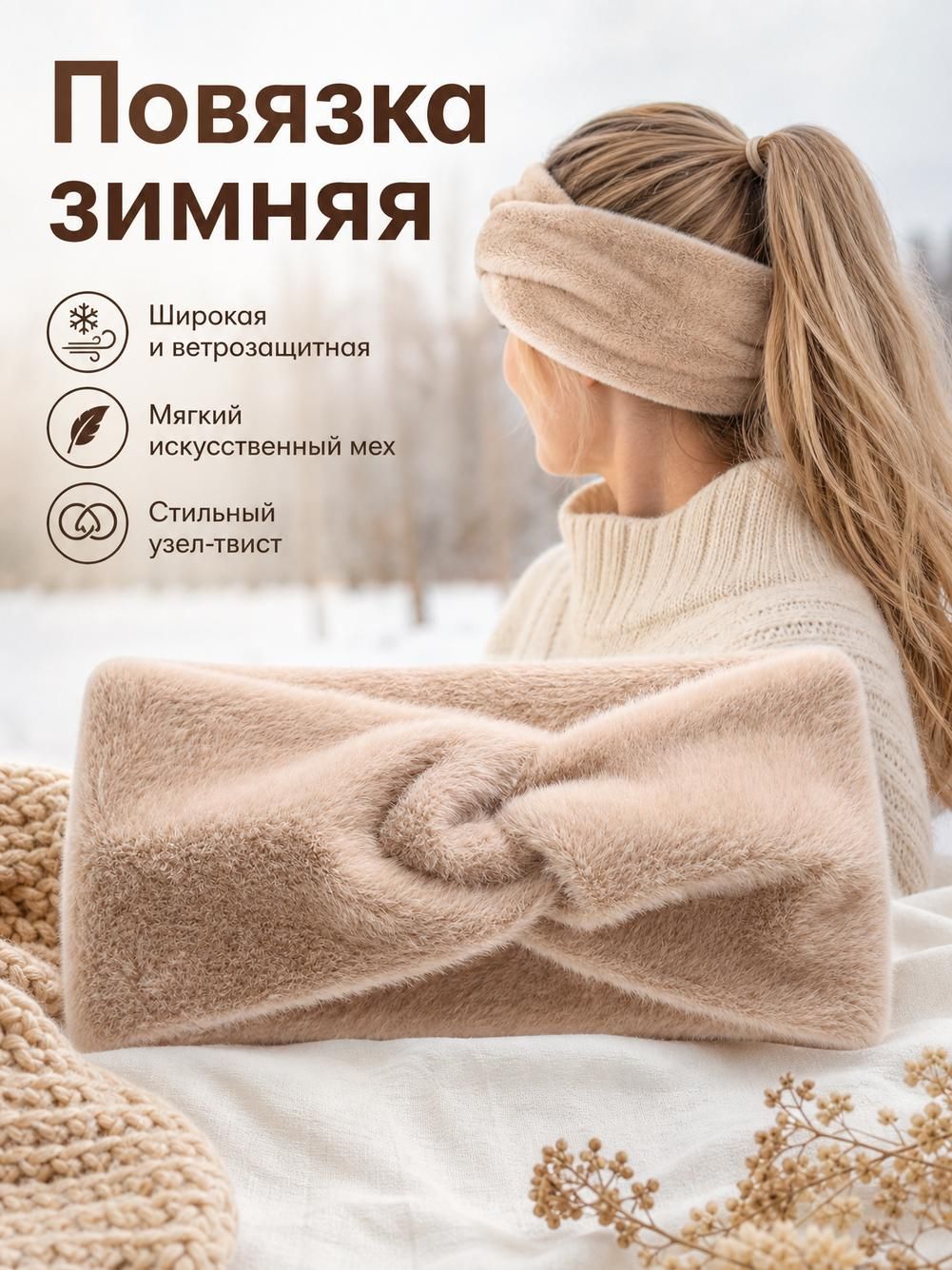 Повязка для волос мягкая плюшевая с узлом, розовая, 24 см