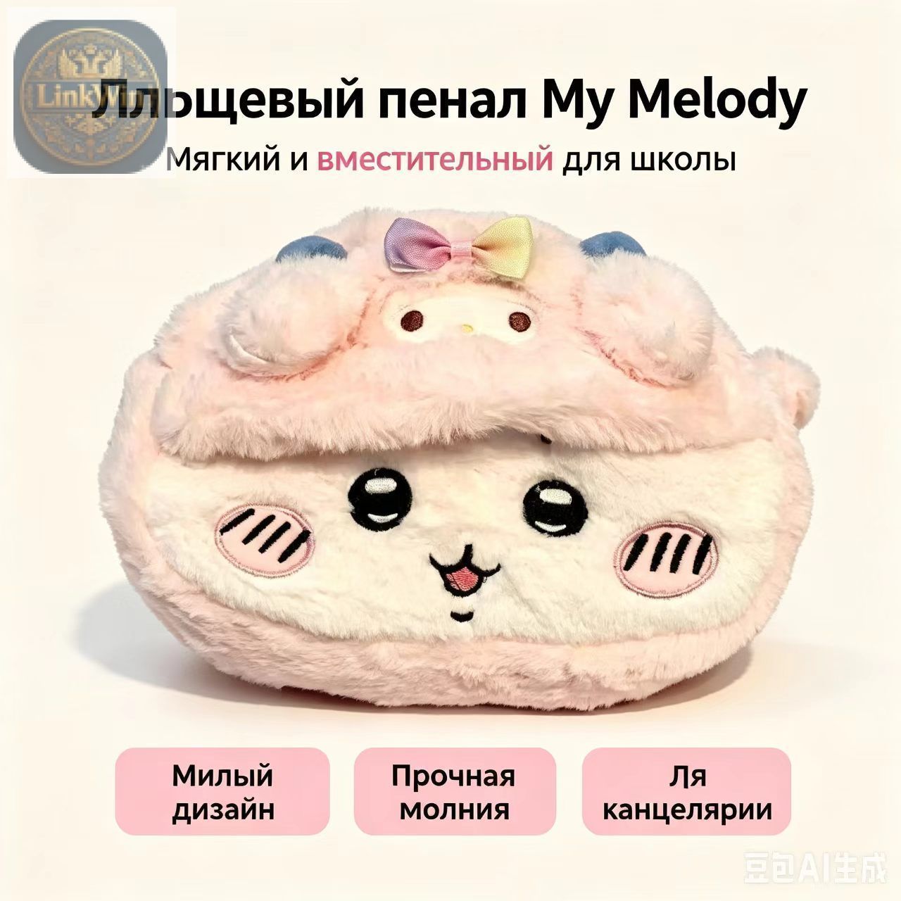 Пенал мягкий плюшевый Чикава Джии Кава мультяшный милый, с шляпой, розовый и желтый