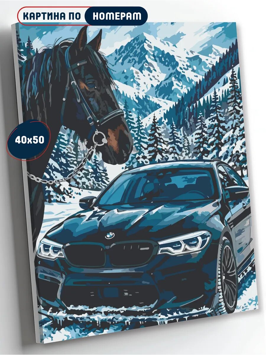 Картина по номерам 40х50 на подрамнике "BMW и лошадь" набор для рисования