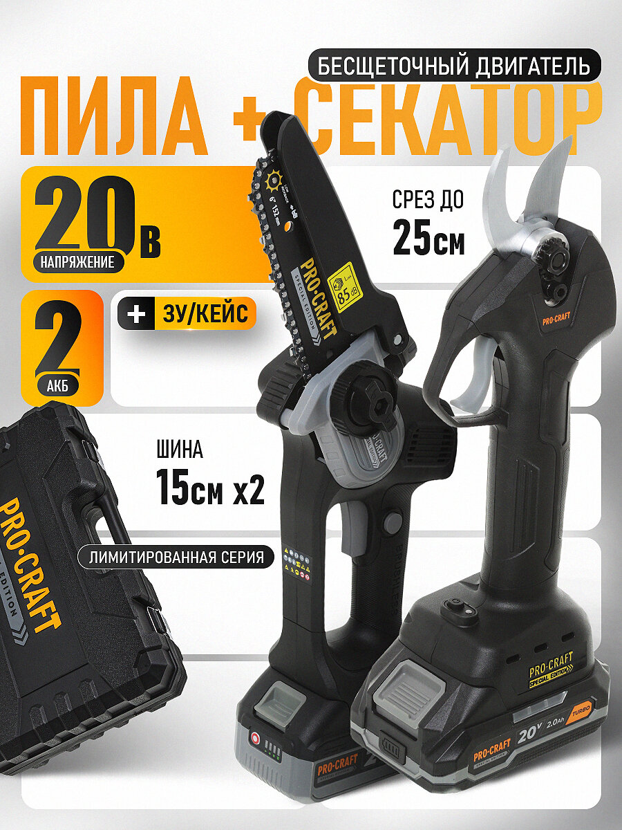 Пила аккумуляторная цепная и секатор аккумуляторный PS210SET PROCRAFT Professional (CP20+CCS20), бесщеточные, АКБ 2А, АКБ 4А, ЗУ, 2 шины 6', 2 цепи 6', в кейсе