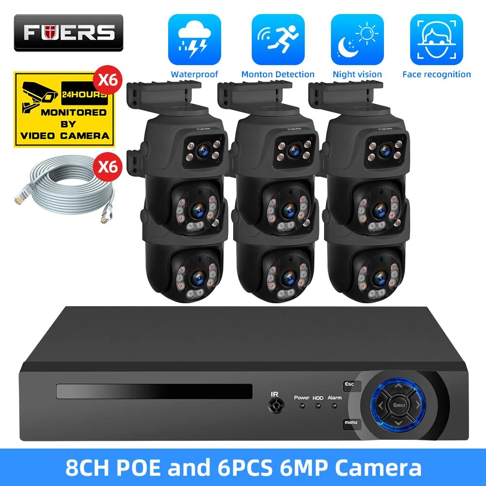 Система видеонаблюдения FUERS 8CH Poe 6MP Кит видеонаблюдения Камера охраны PTZ-камера Наружная камера Двусторонний звук Полноцветная ночь