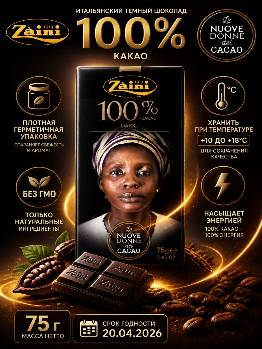 Шоколад Zaini Women Of Cocoa темный 100%, 75г