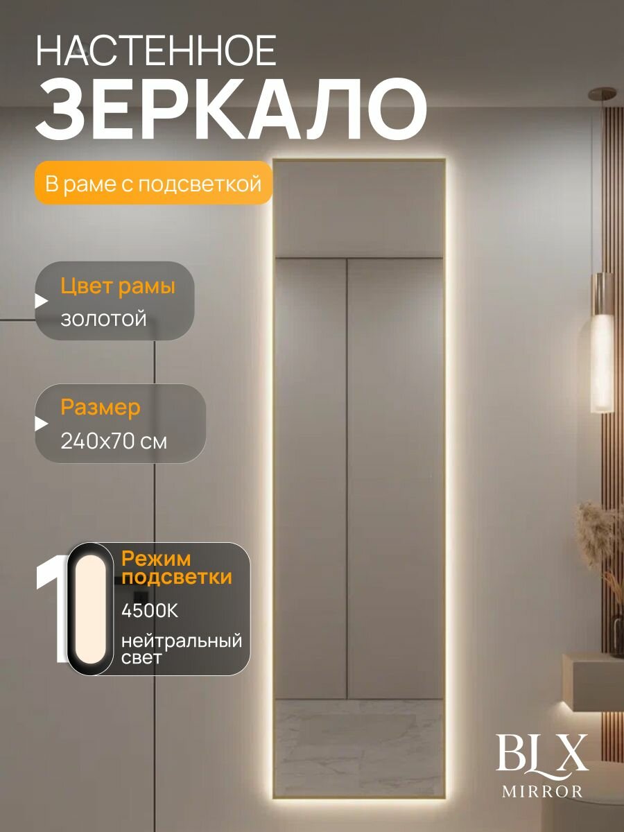 Зеркало настенное 240х70 см золото с подсветкой Свет: Нейтральный белый 4500К В алюминиевой раме интерьерное BLX MIRROR