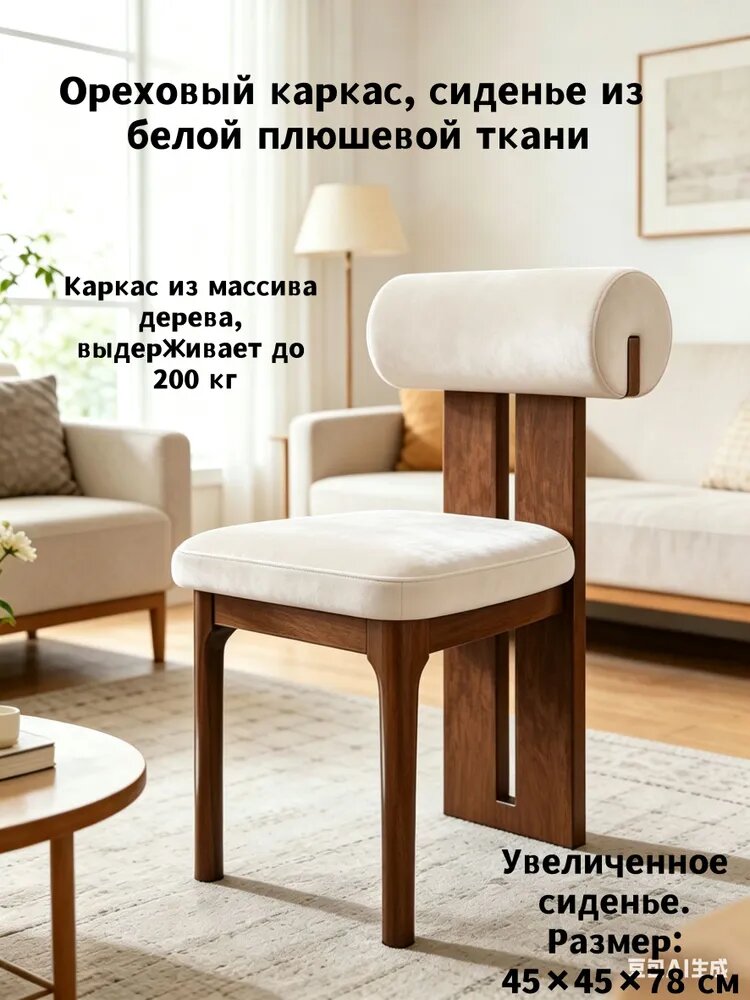 Табурет с ореховым каркасом и сиденьем из белой плюшевой ткани, 1 шт.