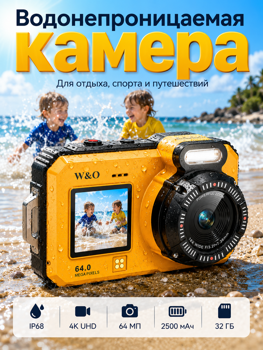 Цифровой водонепроницаемый фотоаппарат W&O Q9, 64 МП, 2.8", 4K UHD, 2500 мАч, 32 ГБ, IP68
