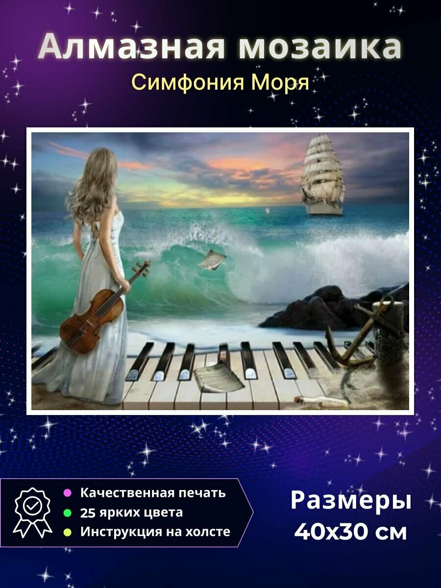Алмазная мозаика 30x40 см | Океанская симфония | Девушка, лодка, пианино | Подарок ценителям эстетики