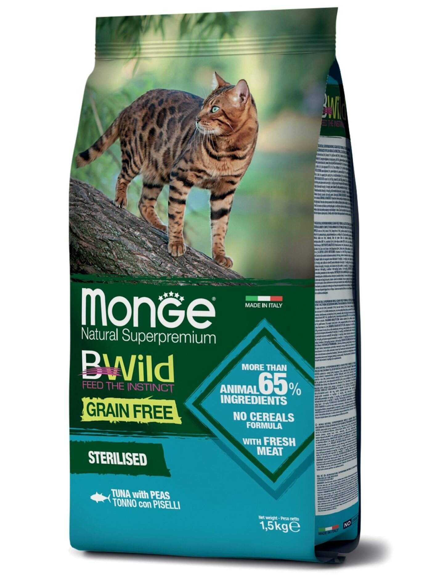 Monge BWild Grain Free Sterilised - Беззерновой корм для стерилизованных кошек, из тунца и гороха 1,5кг