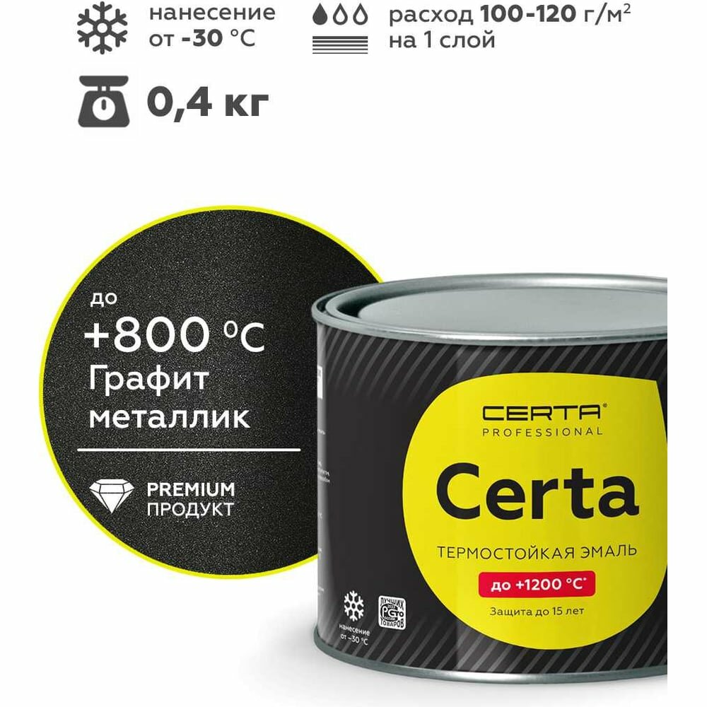Термостойкая краска для металла, печей, мангалов, радиаторов, дымоходов, суппортов до 800С Certa & Professional графит металлик, 0,4 кг CHS00068