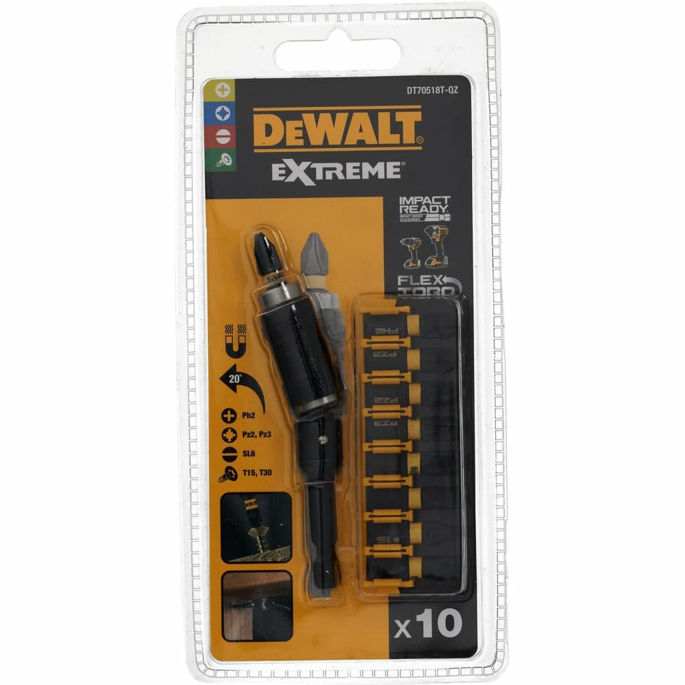 Бита Dewalt PH2, PZ2, PZ3, T15, T30, SL6, 25 мм, шестигранный (HEX), 10 шт DT70518T-QZ