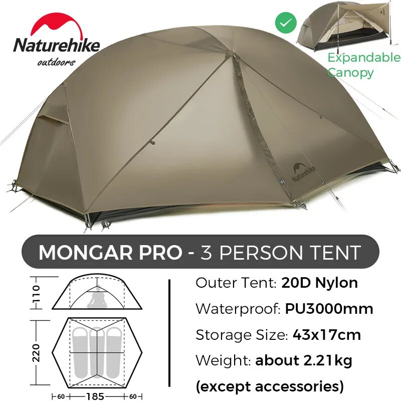 Палатка для кемпинга Naturehike 2025 Mongar PRO на 1, 2, 3 человека из 20D нейлона, трехсезонная, водонепроницаемая, ультralегкая, портативная, для отдыха на открытом воздухе и походов