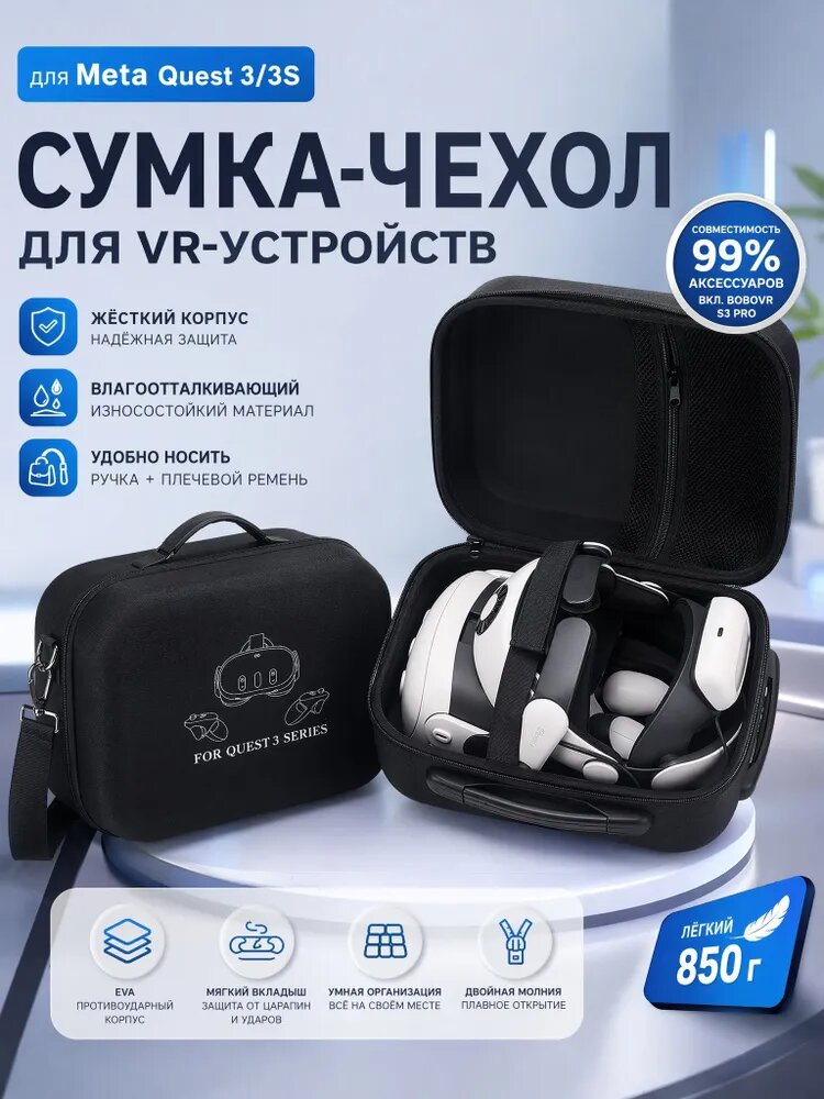 Чехол для Oculus Quest 3/3S черное: защита VR-гарнитуры и контроллеров, размер 300 * 238 * 167мм, для дома, путешествий и хранения