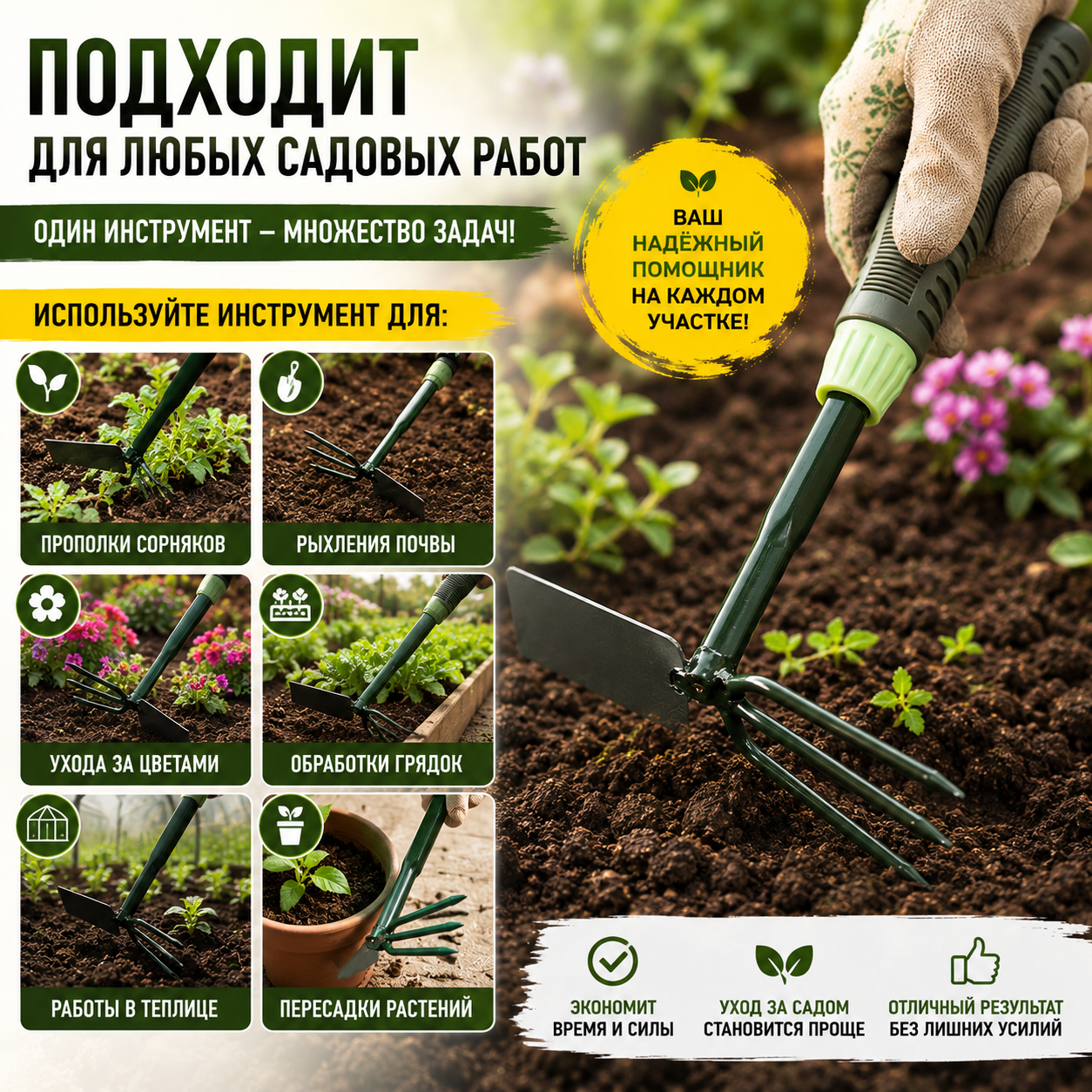 Садовый инструмент, мини-грабли с тяпкой, металл, 26см, 3 зубца, зеленый — фото 1