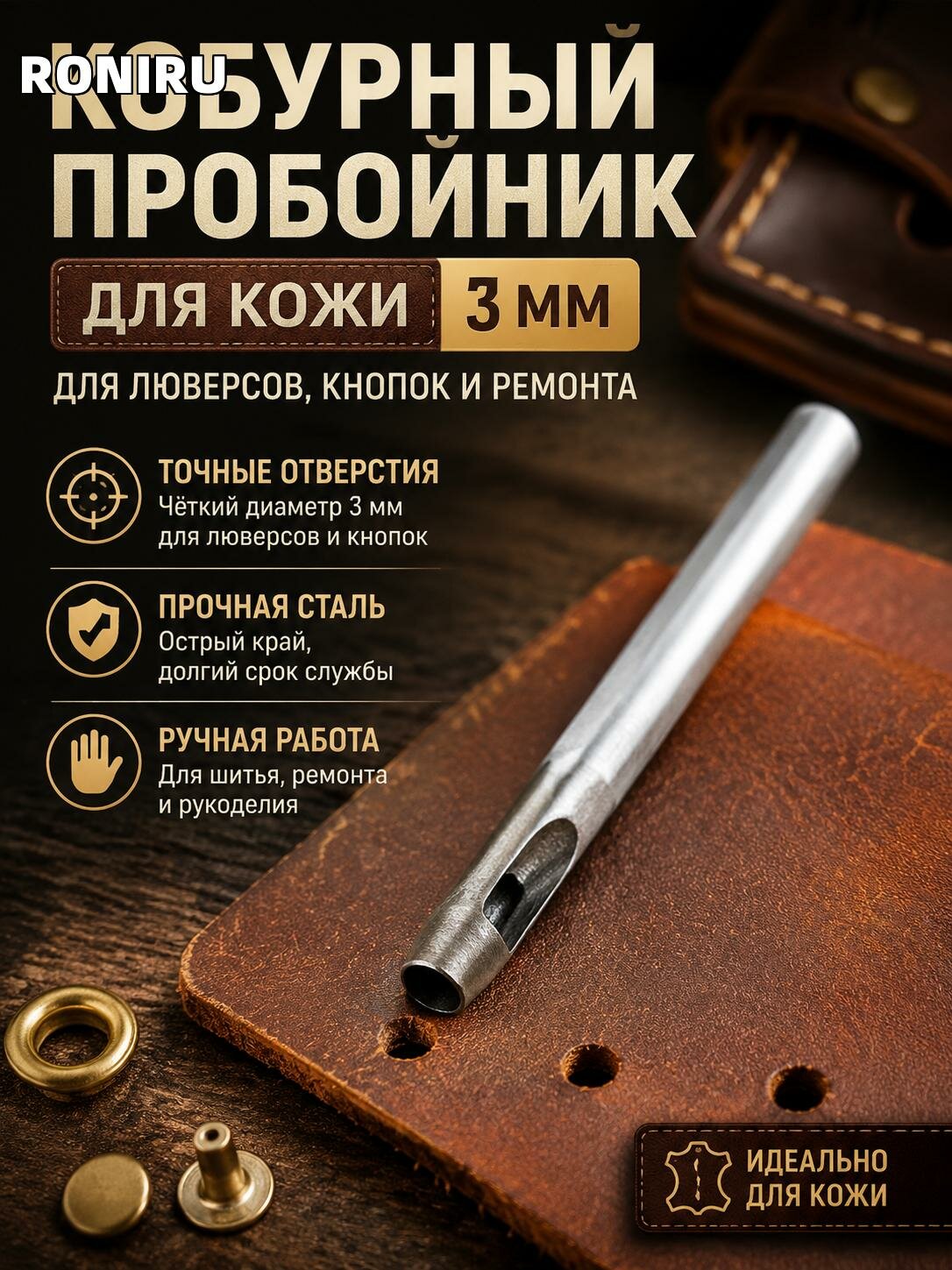 Кобурный пробойник для кожи 3 мм — для люверсов и кнопок, круглые отверстия для ремонта и рукоделия для ручного шва