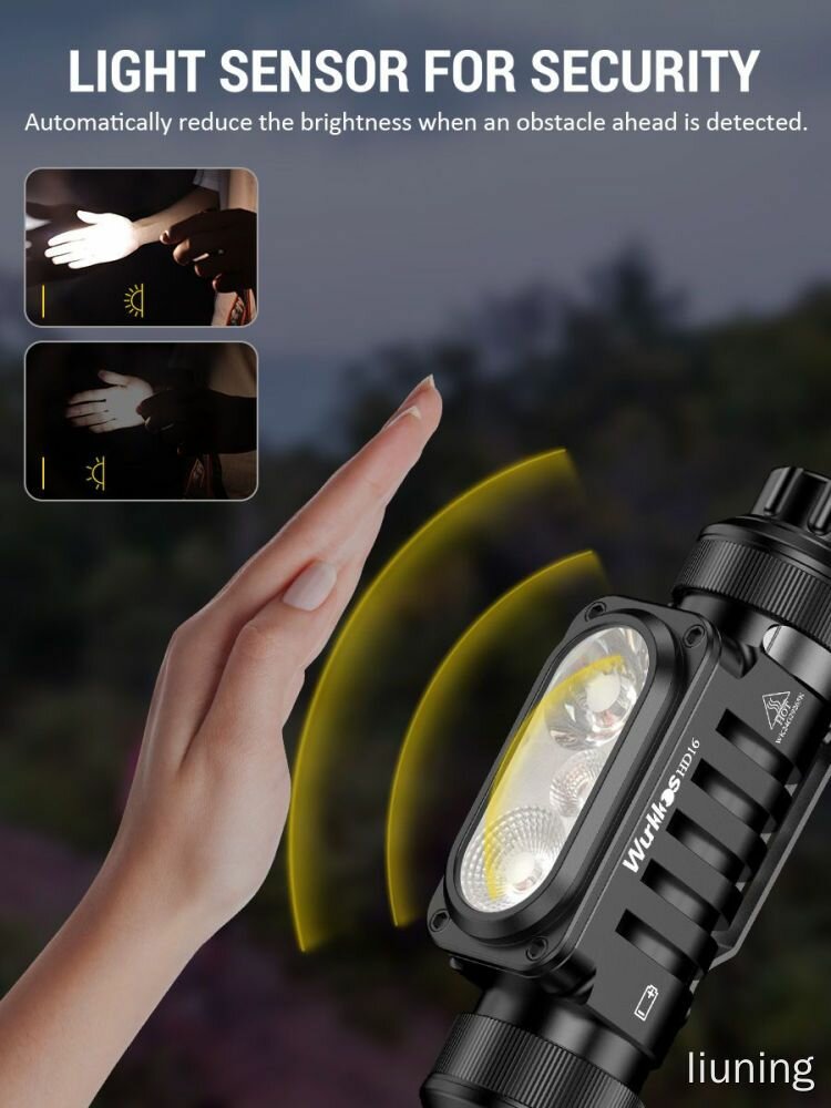 Налобный фонарь WURKKOS HD16, 6000K, 2500lm, сенсорный, 3 LED, для outdoors — фото 1