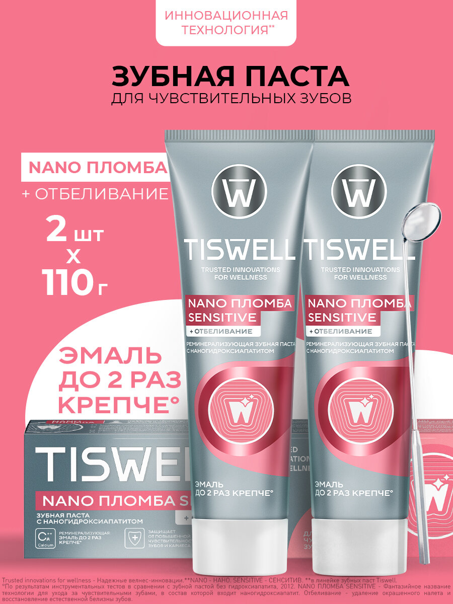TISWELL Зубная паста отбеливающая для чувствительных зубов с фтором и ксилитом, от кариеса и налета, реминерализующая, 110 гр, 2 шт