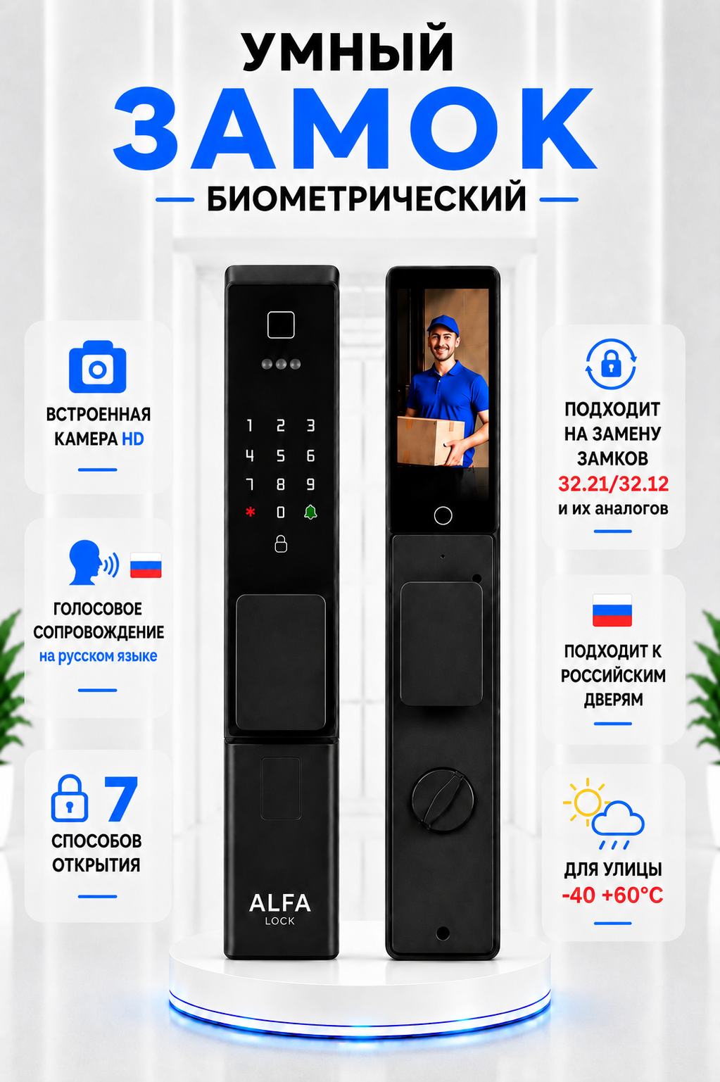 Электронный замок на дверь ALFA LOCK T5, черный, Smart Life (Tuya), 321