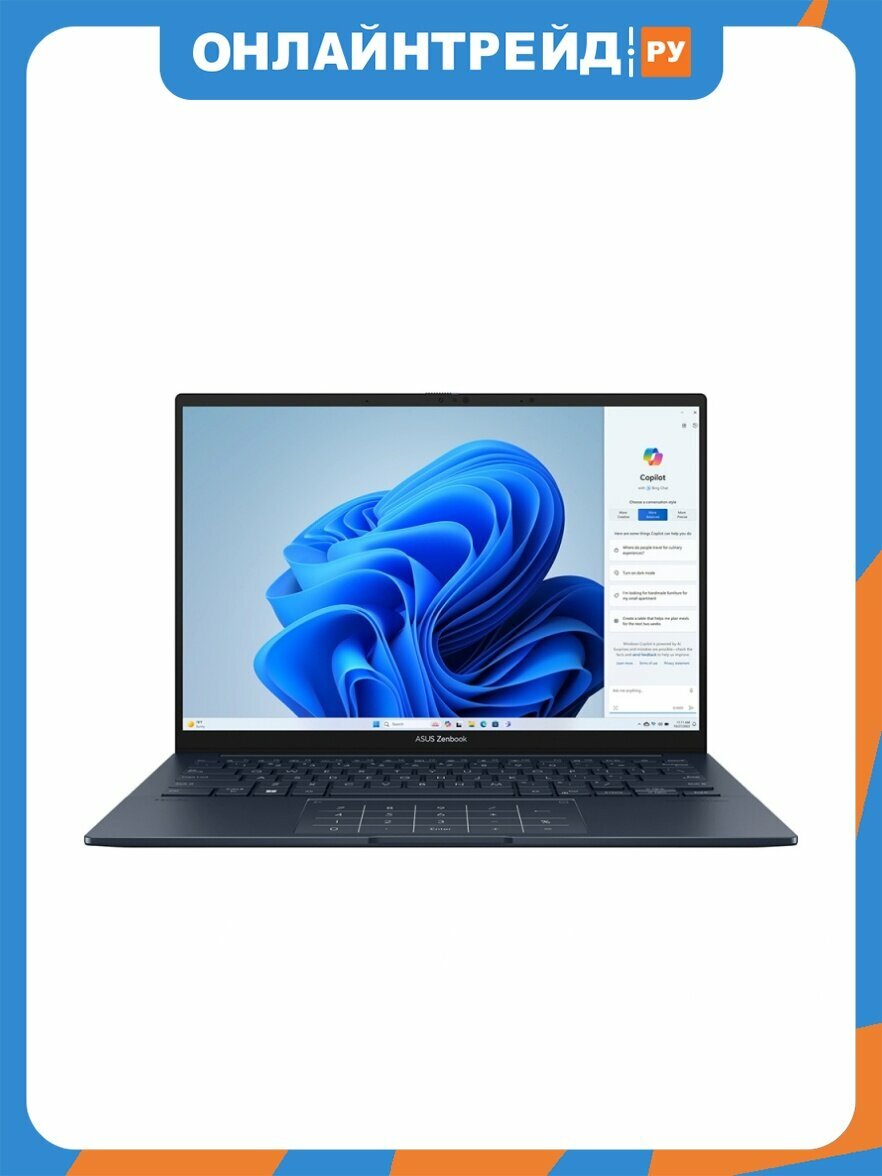 Ноутбук Asus Zenbook 14 UX3405CA-ST1353 14", OLED, Intel Ultra 7 255H 2.0ГГц, 16-ядерный, 32Гб DDR5, 1Тб SSD, Intel Arc 140T, без ОС, синий (90NB14W1-M01ZR0)