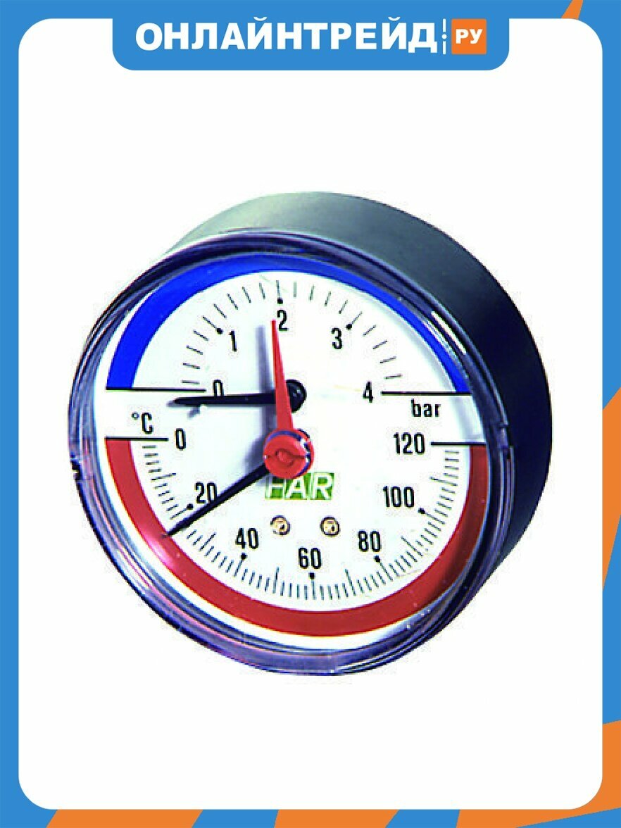 Термоманометр Far 0-10 бар, 0-120 °C, 80 мм, торцевое соединение 1/2"