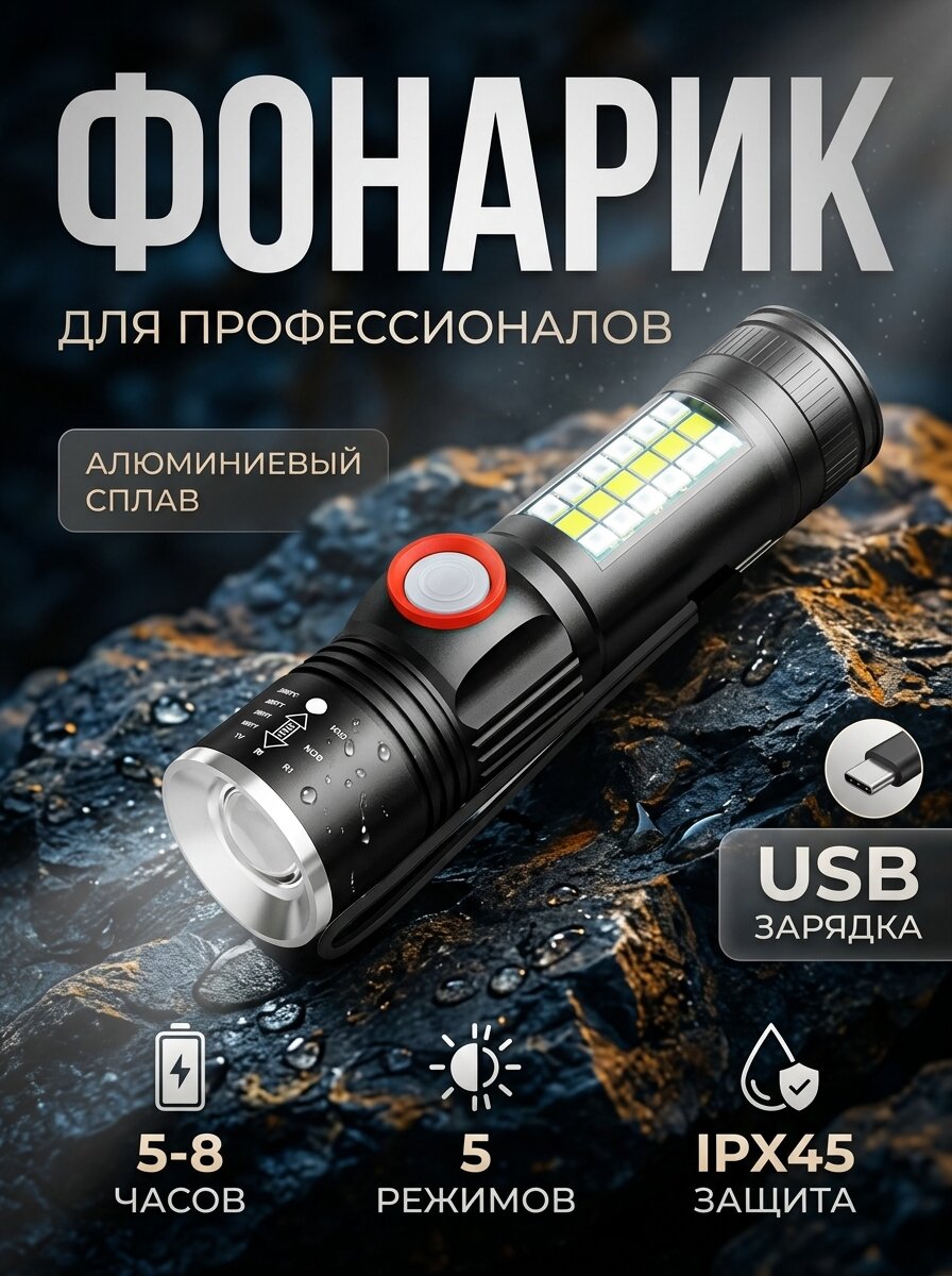 Фонарь ручной аккумуляторный светодиодный, с зарядкой USB сверхъяркий с фокусировкой, фонарик Карманный, для работы, походов