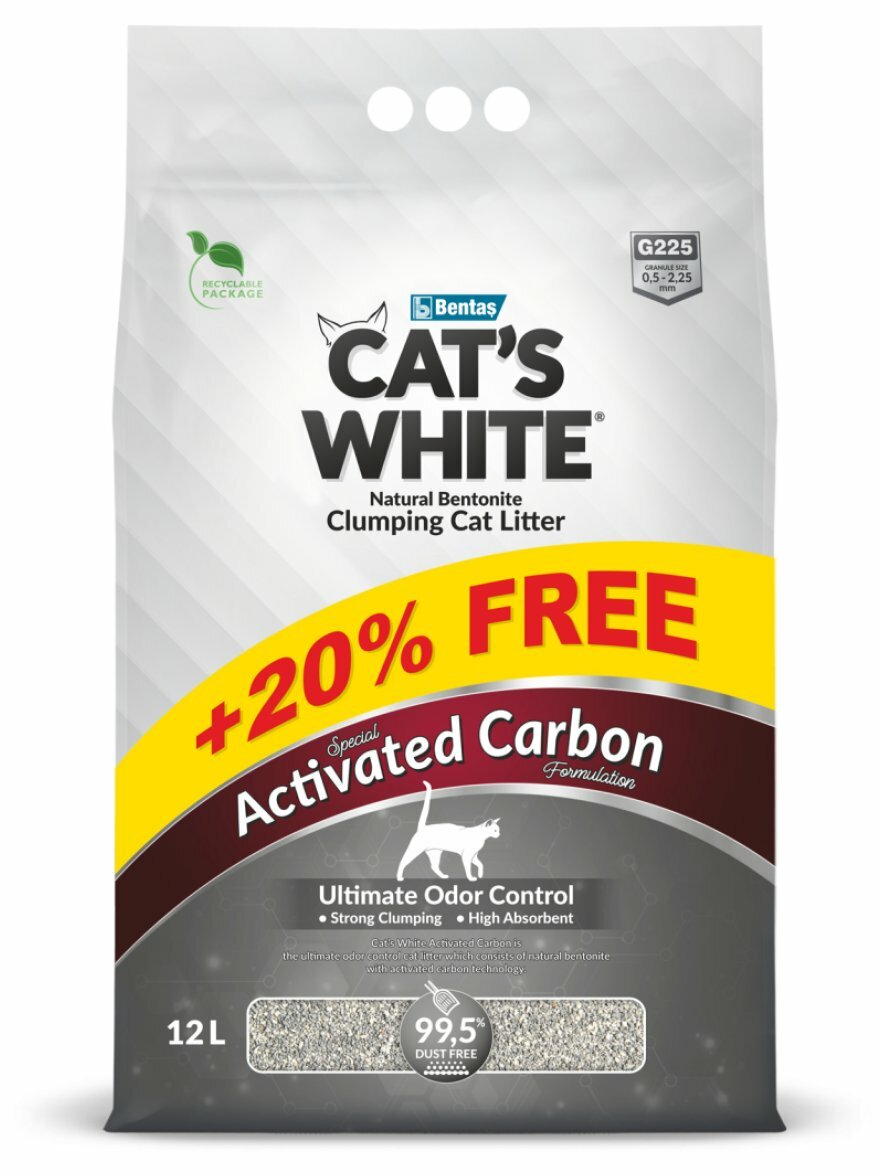 Наполнитель для кошачьих туалетов Cat's White Activated Carbon комкующийся, бентонитовый с активированным углем (12л)