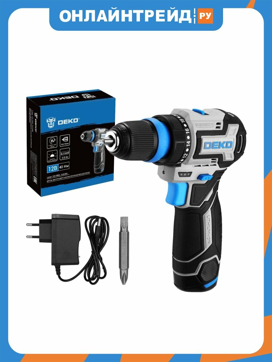 Дрель-шуруповерт аккумуляторная Deko Loner 12V PRO, съёмный патрон, 12В, 1x3.0Ач (085-1121)