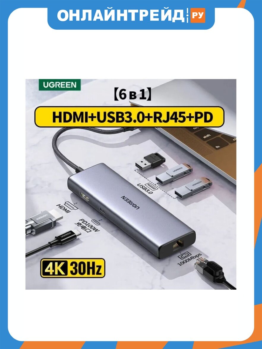 Хаб (разветвитель) Ugreen USB-C - 3*USB 3.0 A+HDMI+RJ45+PD Converter, серый (15598)