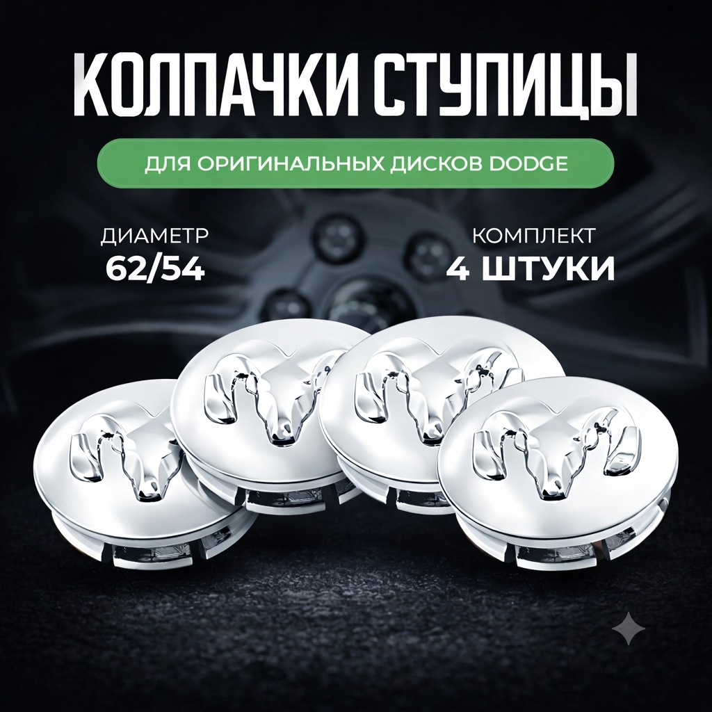 Колпачки на литые диски Dodge 62 мм, заглушки ступицы Додж серебристые, набор 4 шт для колес арт. FT-DC001