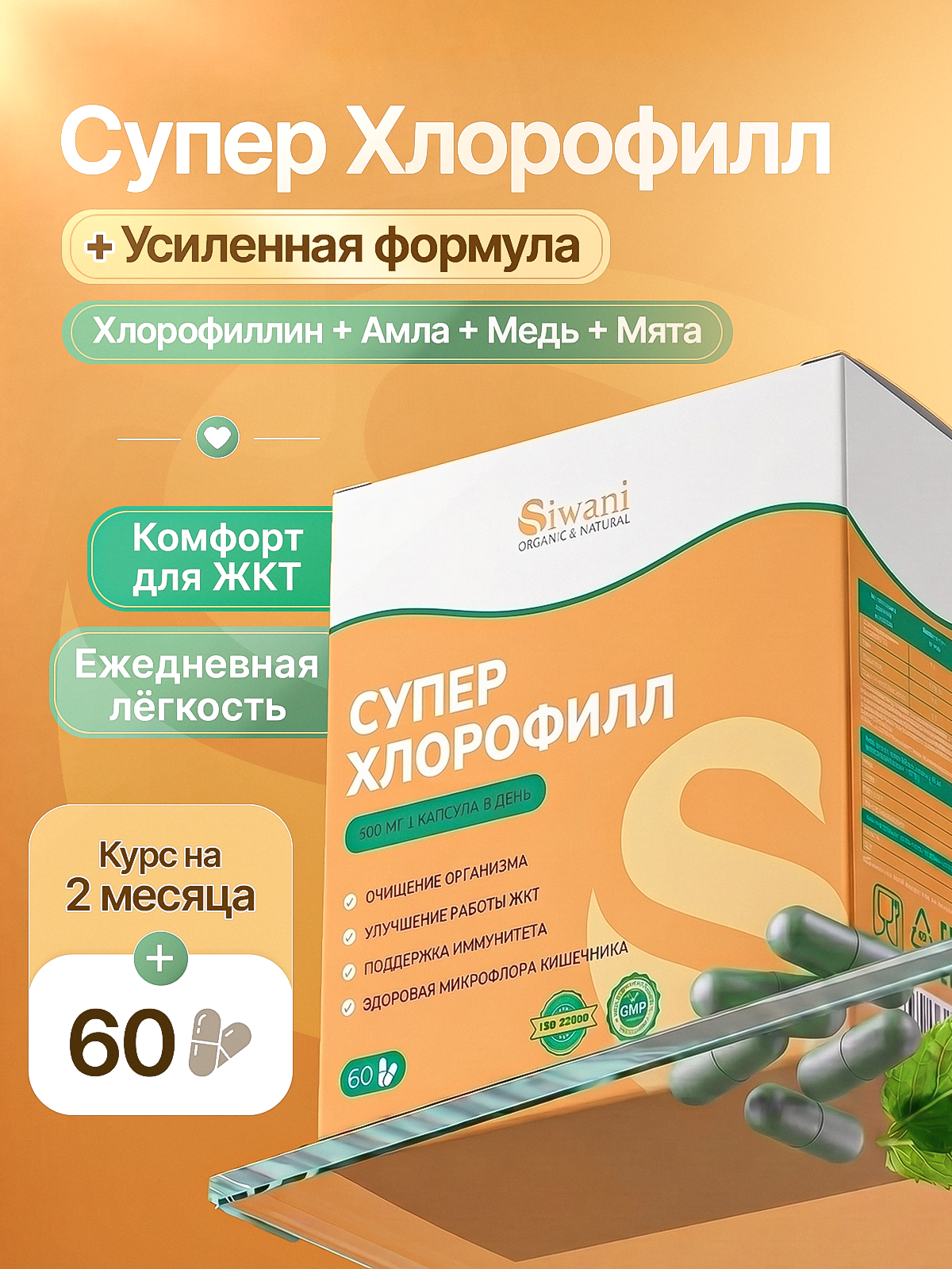 Супер Хлорофилл в капсулах с амлой и мятой. Chlorophyll для похудения, детокса и красоты, 60 капсул