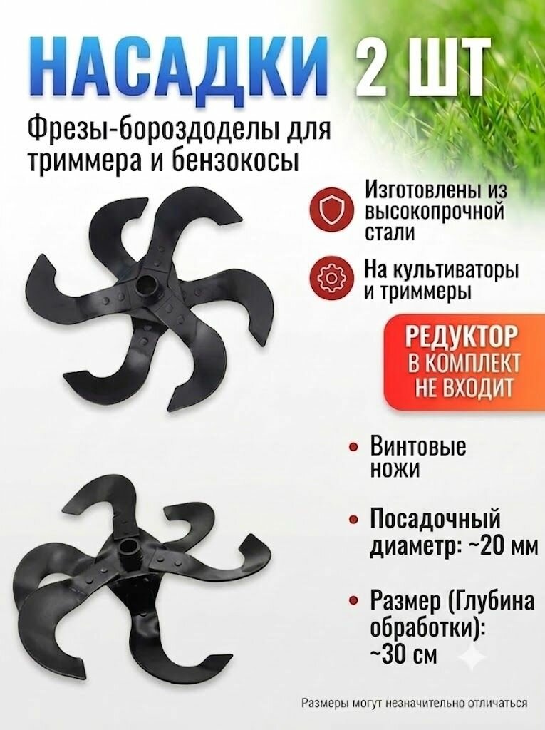 Насадка-пропольник для триммера и бензокосы винтовая, комплект 2 шт (ножи-почвофрезы для прополки и рыхления, пара)