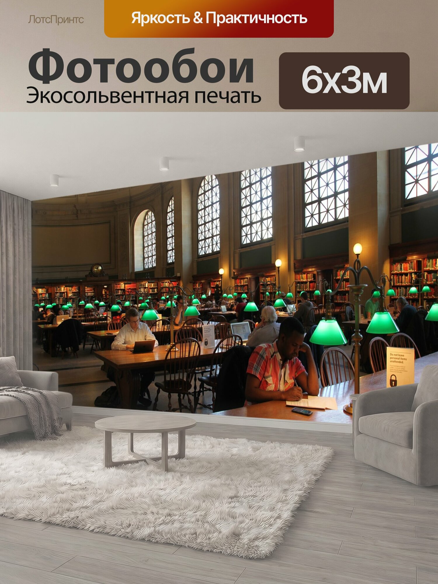 Фотообои "Общественная библиотека, читальный зал, бостон" 600x300 см. экосольвентная печать