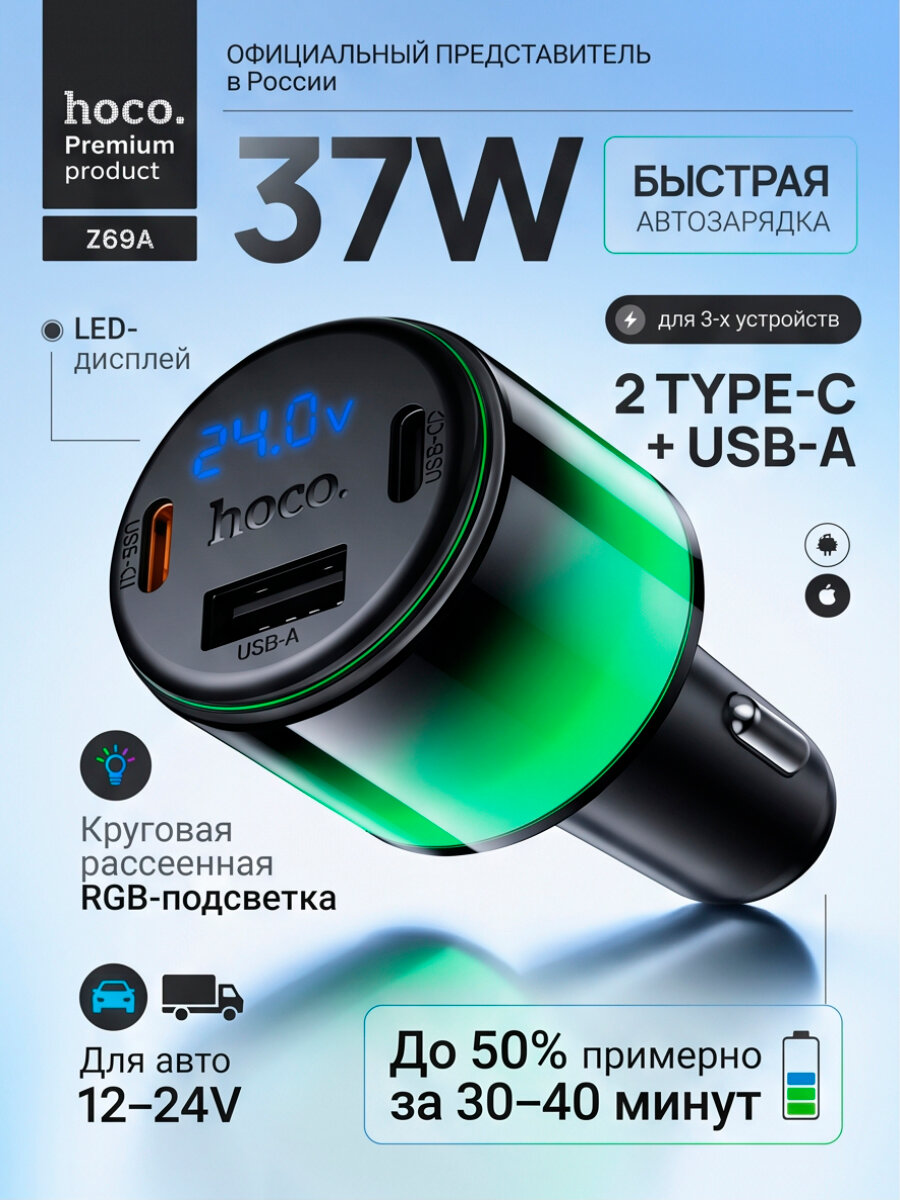 Автомобильное зарядное устройство USB 2 Type-C Вольтметр в авто Z69A