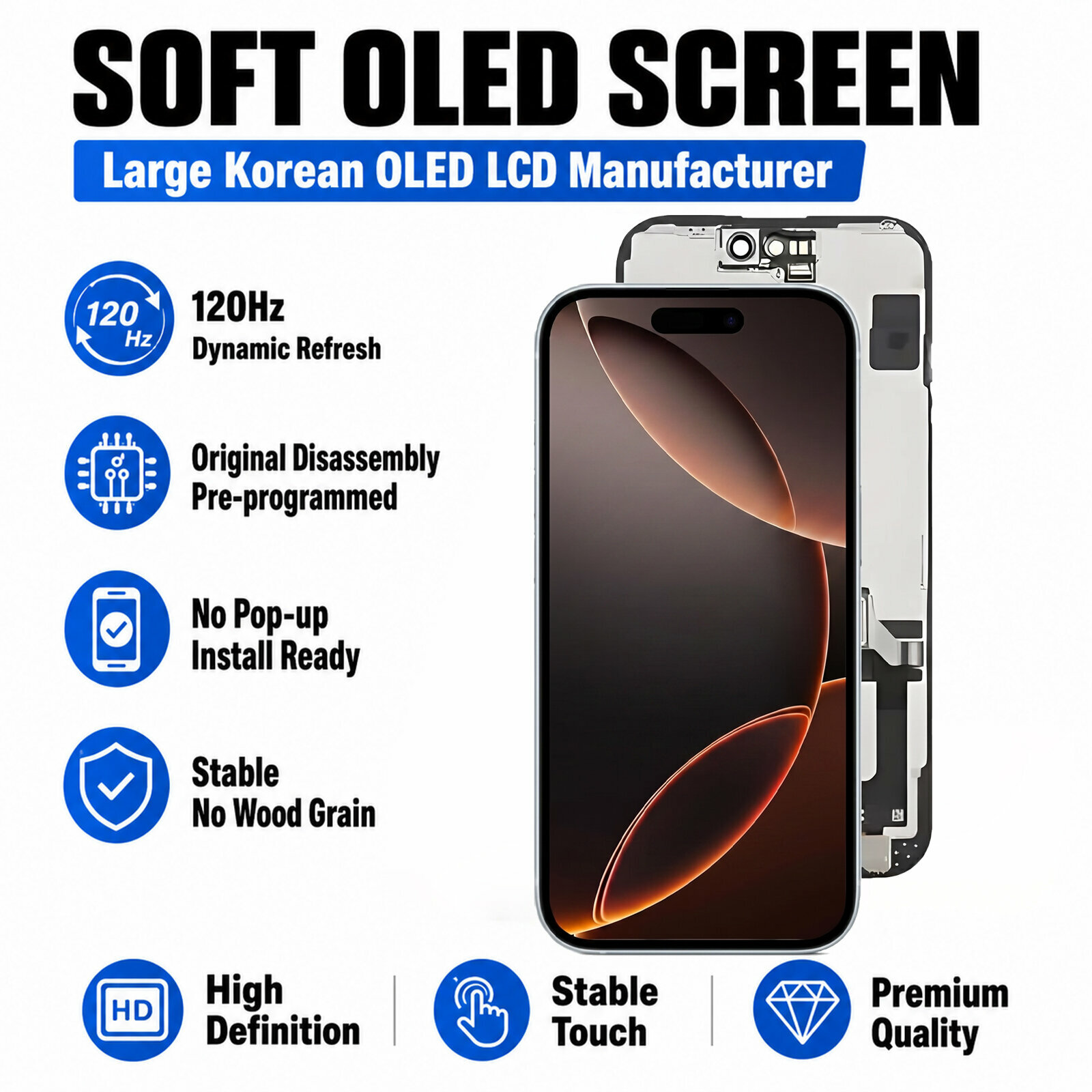 Экран для iPhone 16 Pro Max, корейский OLED, 120 Гц динамическая частота, без муара, шлейф оригинальный, от Huaxing