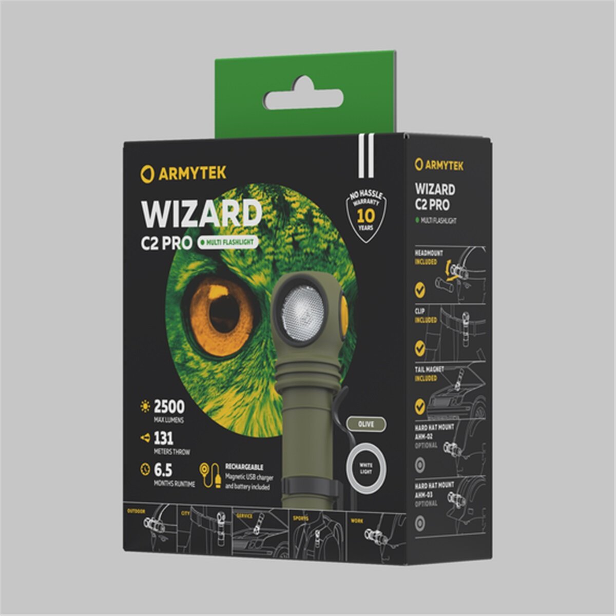 Светодиодный налобный фонарь Armytek Wizard C2 Pro Оливково-белый магнит USB аккумуляторный мультифонарик 3 в 1 2500 лм
