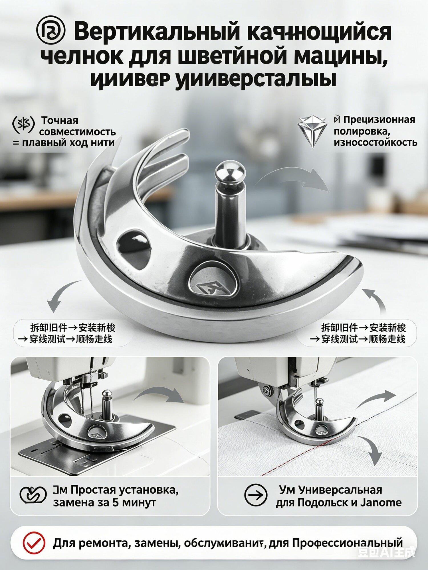 Вертикальный качающийся челнок для швейной машины, универсальный, нержавеющая сталь - прецизионная полировка, износостойкий - для Подольск, Janome, ремонта,