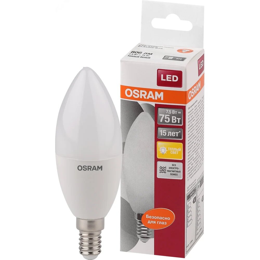 Светодиодная лампа Osram LED STAR B Свеча 7,5 Вт E14 806 Лм 2700 К Теплый белый свет 4058075210684