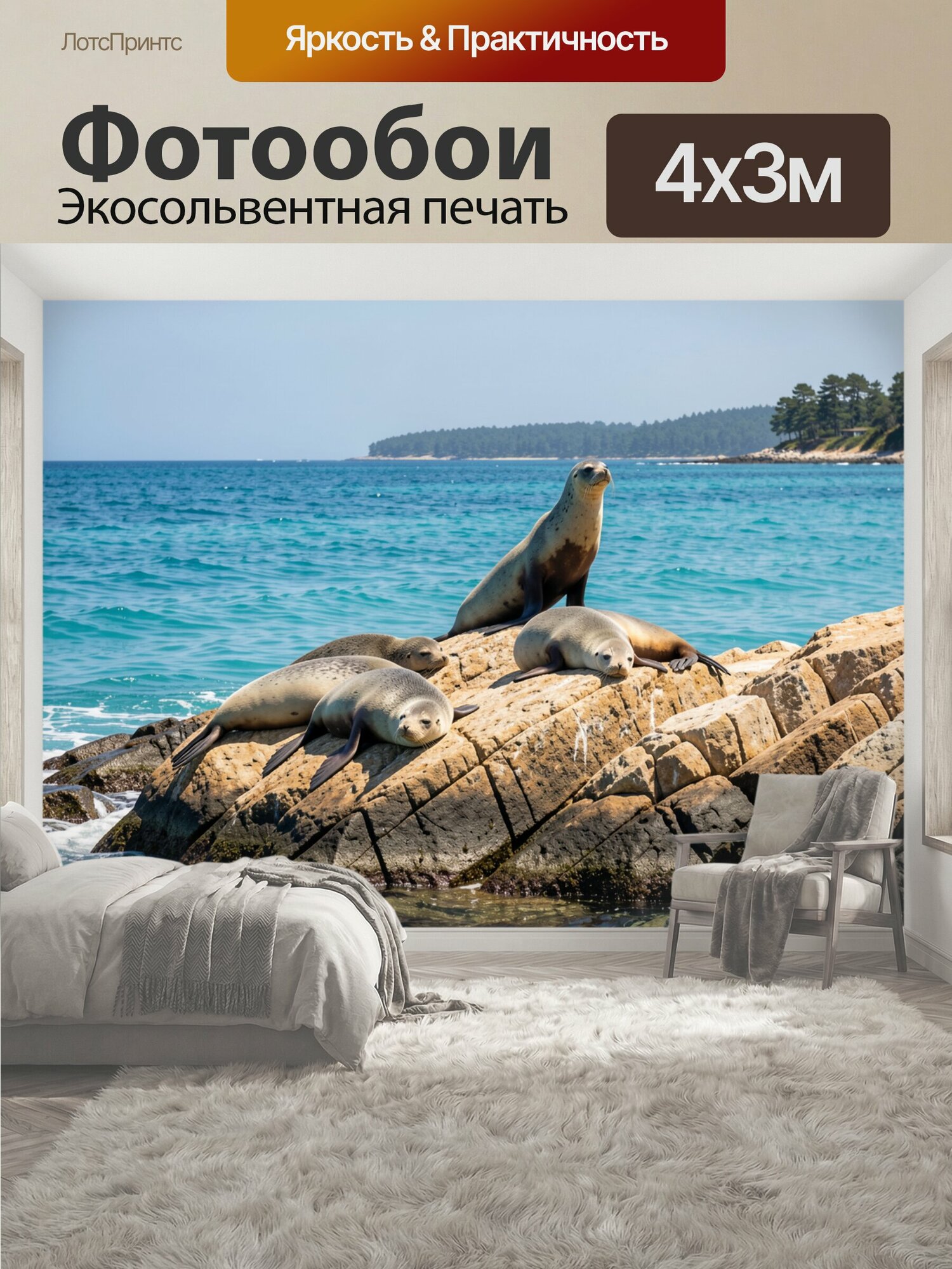 Фотообои "Тюлени на морских скалах. Ластоногие отдыхают на каменистом берегу у бирюзовой воды, летний прибрежный пейзаж, ясное небо, спокойная." 400x300 см. экосольвентная печать