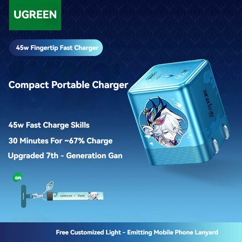 Зарядное устройство UGREEN x Honkai Star Rail Yao Guang 45W GaN, мини-адаптер USB-C PD для быстрой зарядки, складной штекер, дорожный адаптер для iPhone 17