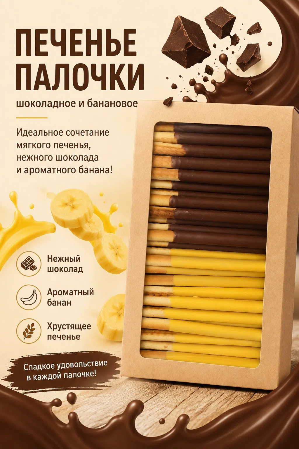 Палочки SFAD, в глазури, вкус банана и шоколад, крафтовая упаковка