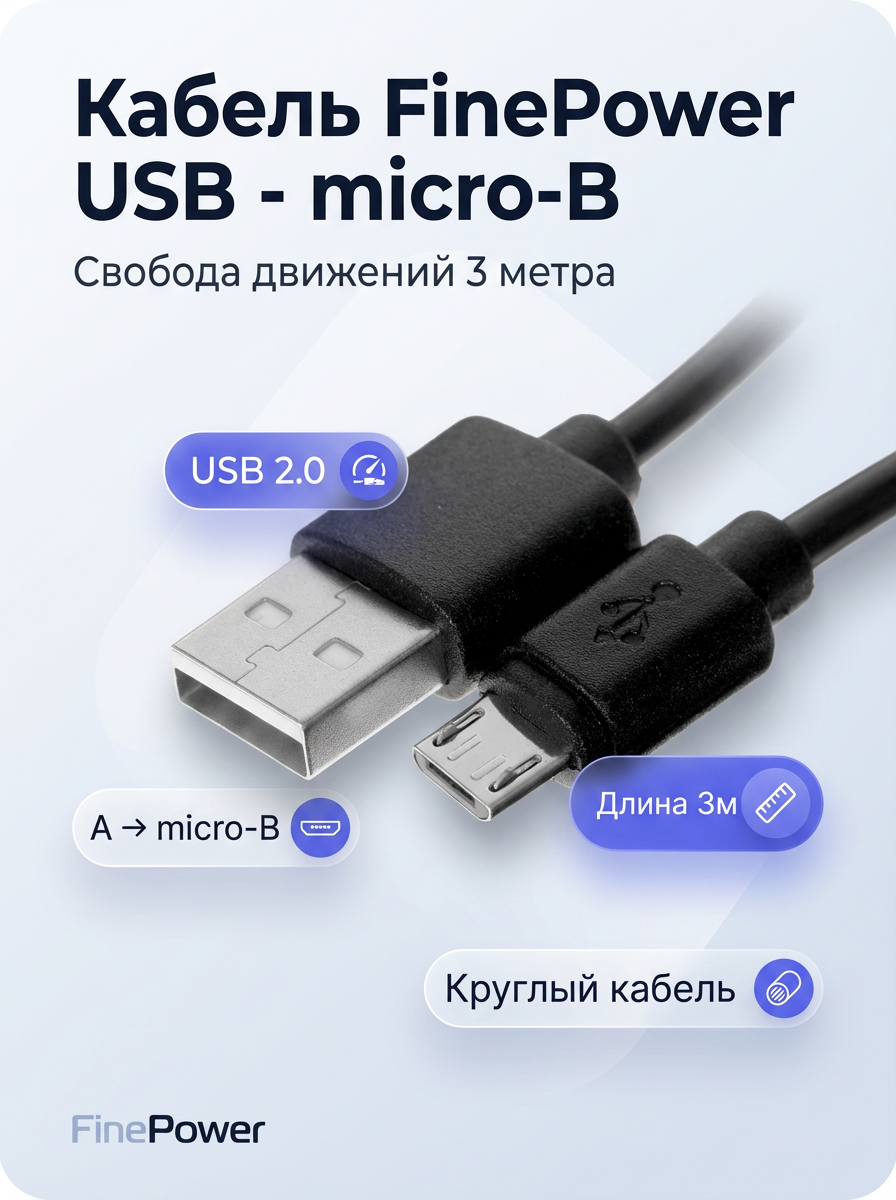 USB 2.0 A-->micro-B (3м) круглый FinePower