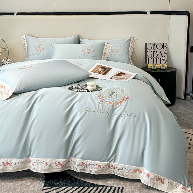 Yuye Sky Blue Стандартный комплект из 4 предметов для кровати 100% хлопок вышитый пододеяльник 200x230 см простыня