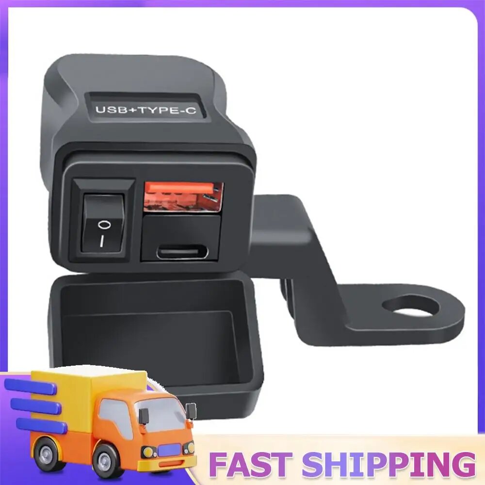 Водонепроницаемое зарядное устройство 12В с двумя USB-портами (Type-C PD и QC 3.0) для мотоциклов, быстрая зарядка с выключателем для телефона, планшета, GPS